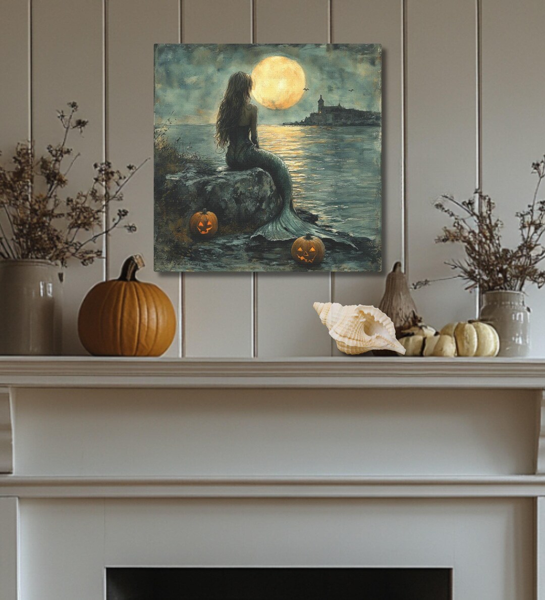 Spooky Mermaid Halloween Beach Wall Art Full Moon on the Ocean Wall Art ...