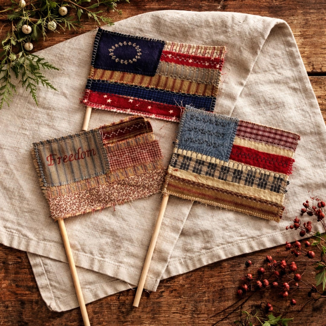 Primitive Patriotic Flags Set of 3 Handmade Americana Patchwork Flags ...