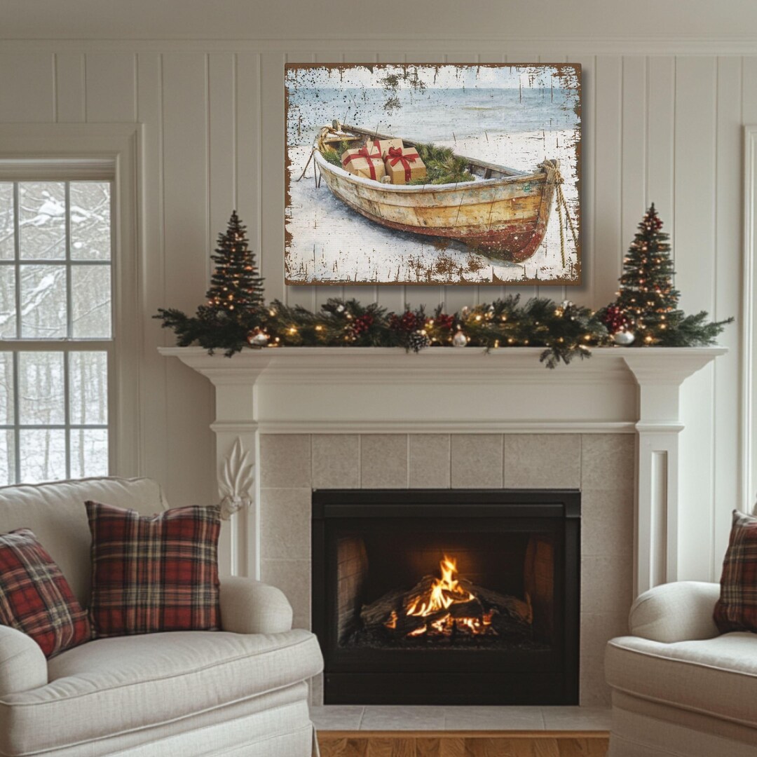 Vintage Christmas Beach Art Wooden Boat Modern Farmhouse Wall Decor ...