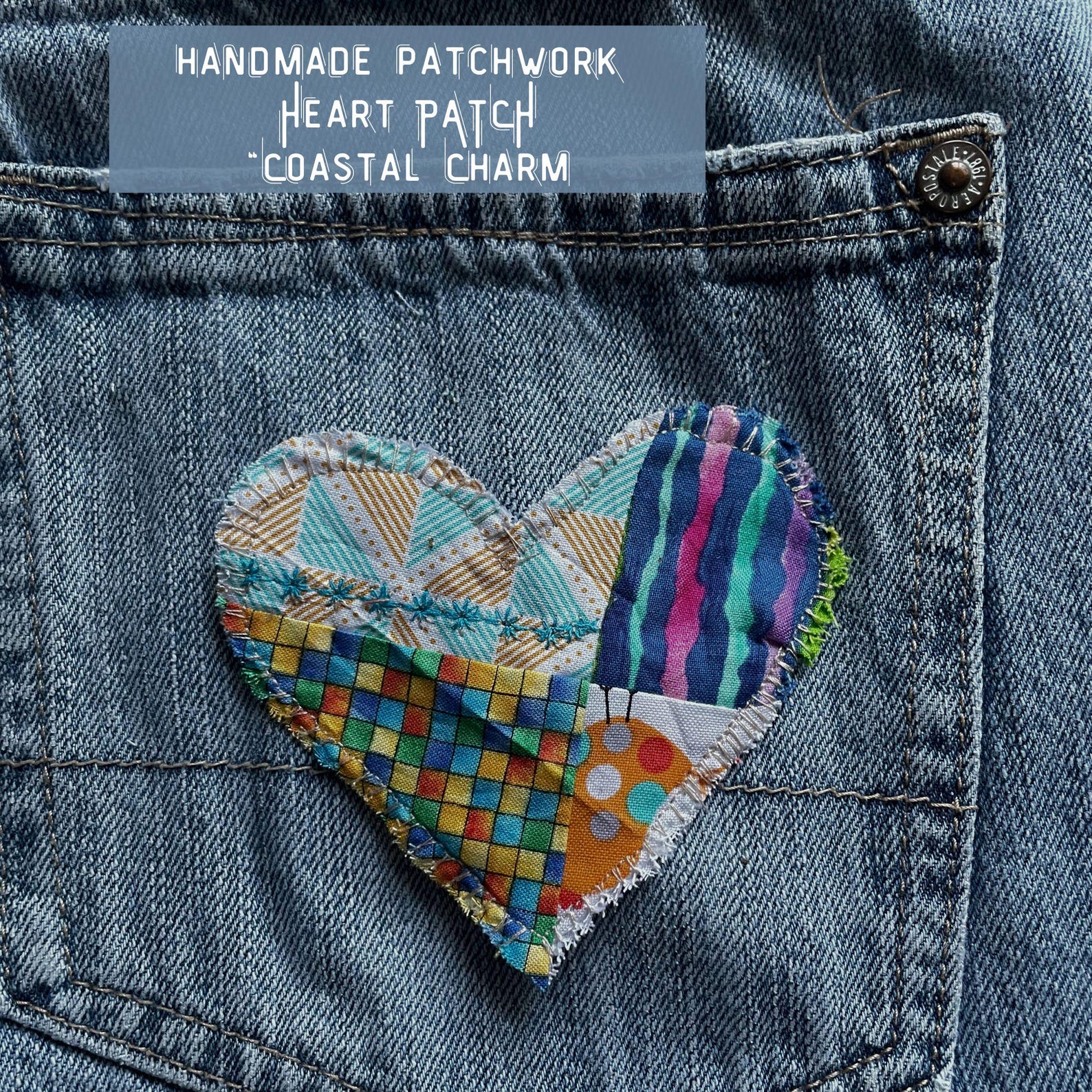 Handmade Boho Blue Heart Patch Teal Blue Hippie Heart Patchwork Patch ...