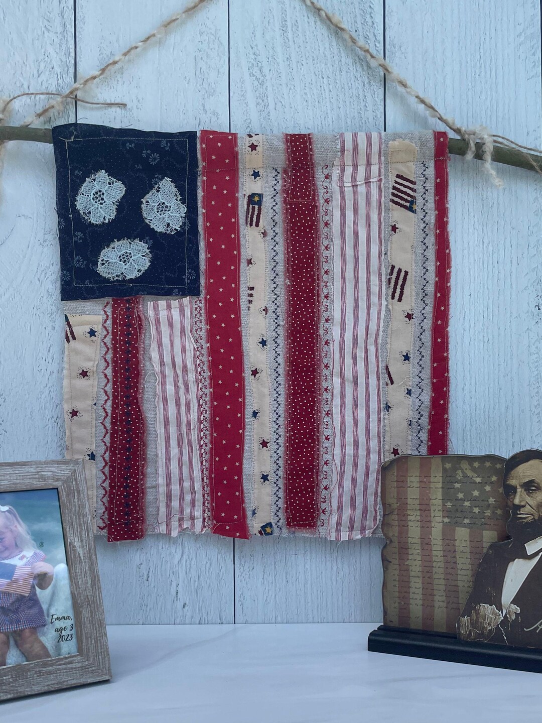 Boho Rustic Vintage American Flag Hanging Patchwork USA 4th of July Raw ...