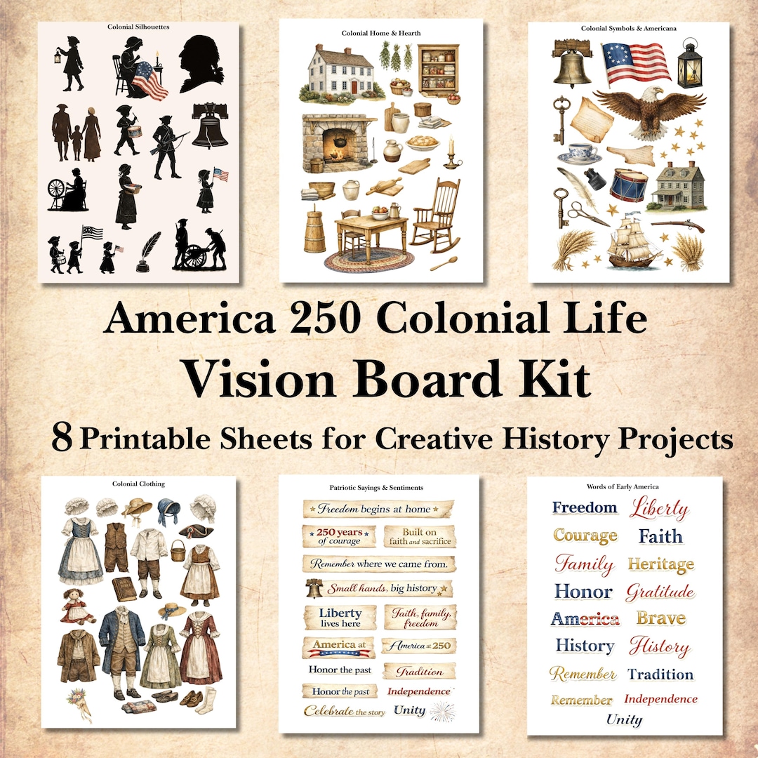 Colonial America 250 Vision Board Kit Printable, 1776–2026 Patriotic ...