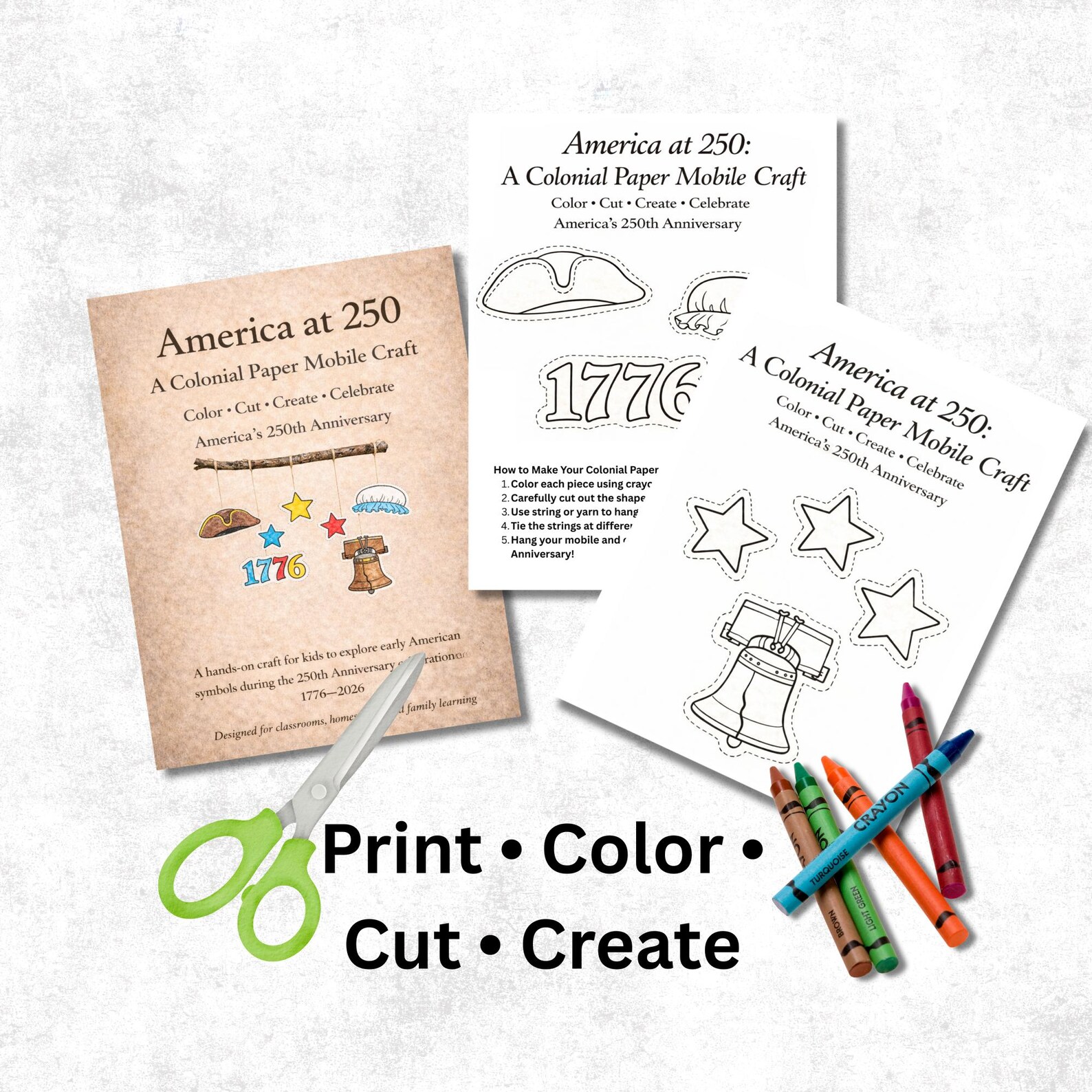 America at 250 Colonial Craft, Printable Paper Mobile for Kids, 1776 ...