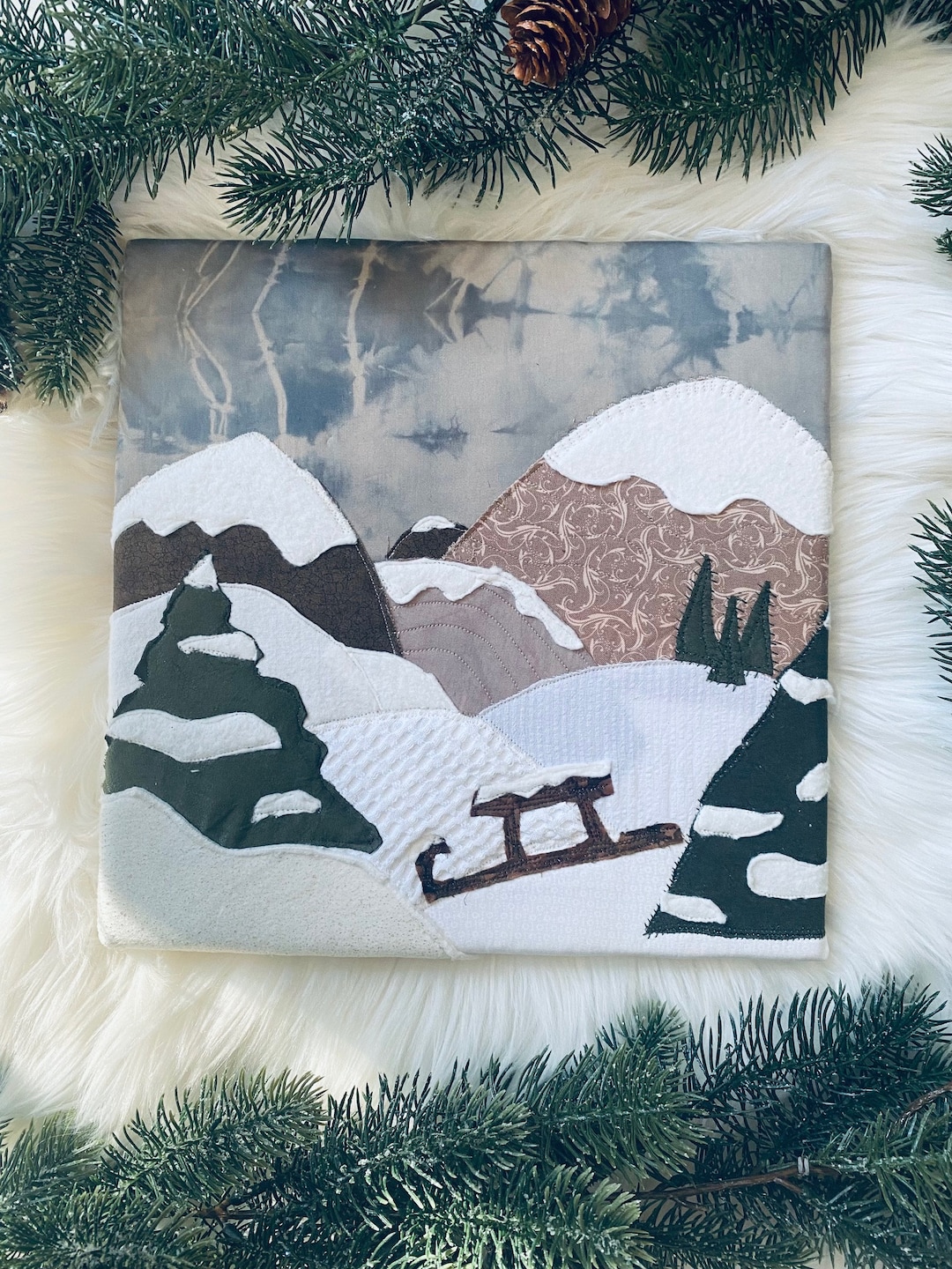 Winter Snow Scene Fabric Wall Art, Mixed Media Whimsical Winter ...