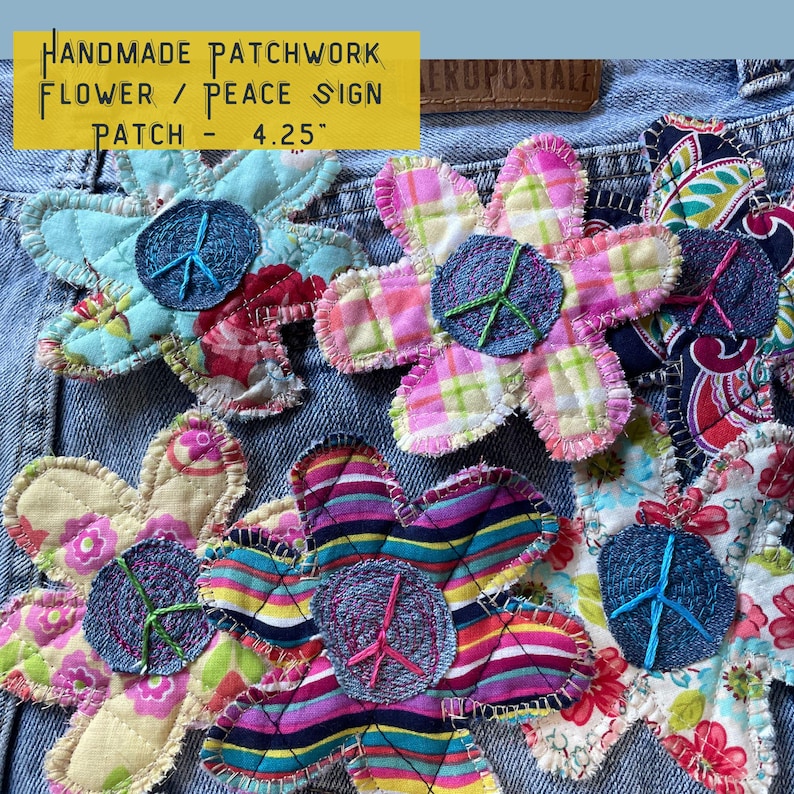 PEACE SIGN FLOWER Denim Patch 4.25 Inch Boho Hippie Flower Patches ...