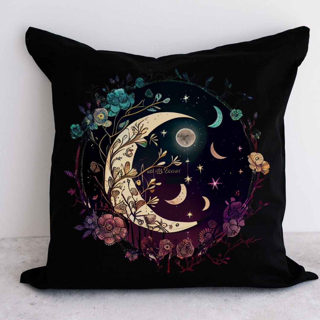 MOON PHASE and Wild FLOWERS Black Square Pillow, Watercolor Moon and ...