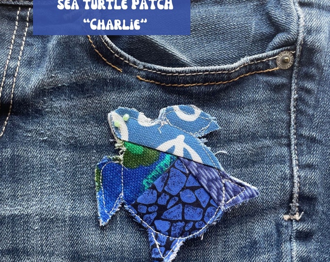 Sea Turtle Patchwork Patch, Blue Green Boho Whimsical Sea Turtles Patch, Handmade Sew on Fabric ...