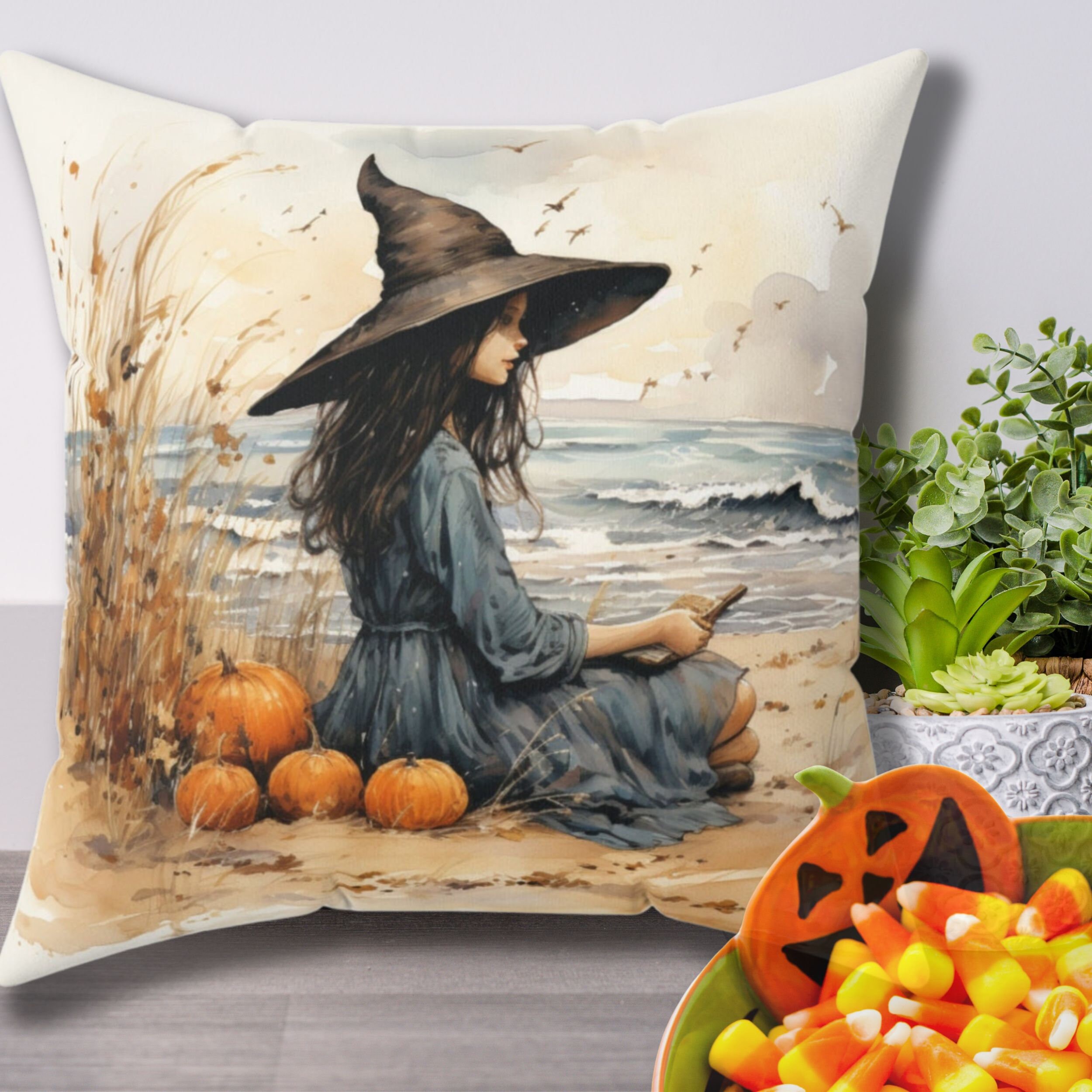 Beach Halloween Decor, Beach Halloween Witch Pillow, Witchy Art, Witchy ...