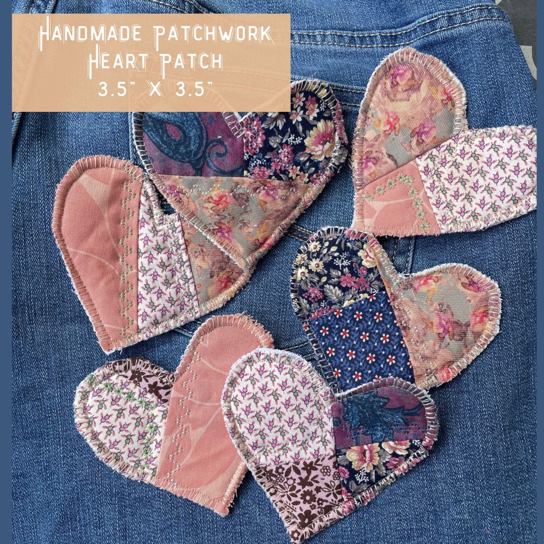 Handmade Boho Fabric Heart Patchwork Patch, Pink Blue Hippie Heart ...