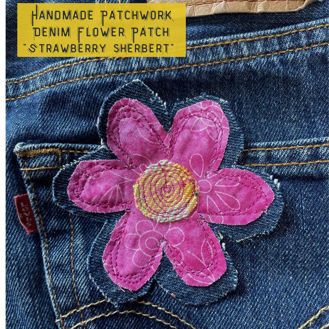 BOHO Pink FLOWER Fabric Patchwork PATCH Orange Green 3-3.5" Hippie ...