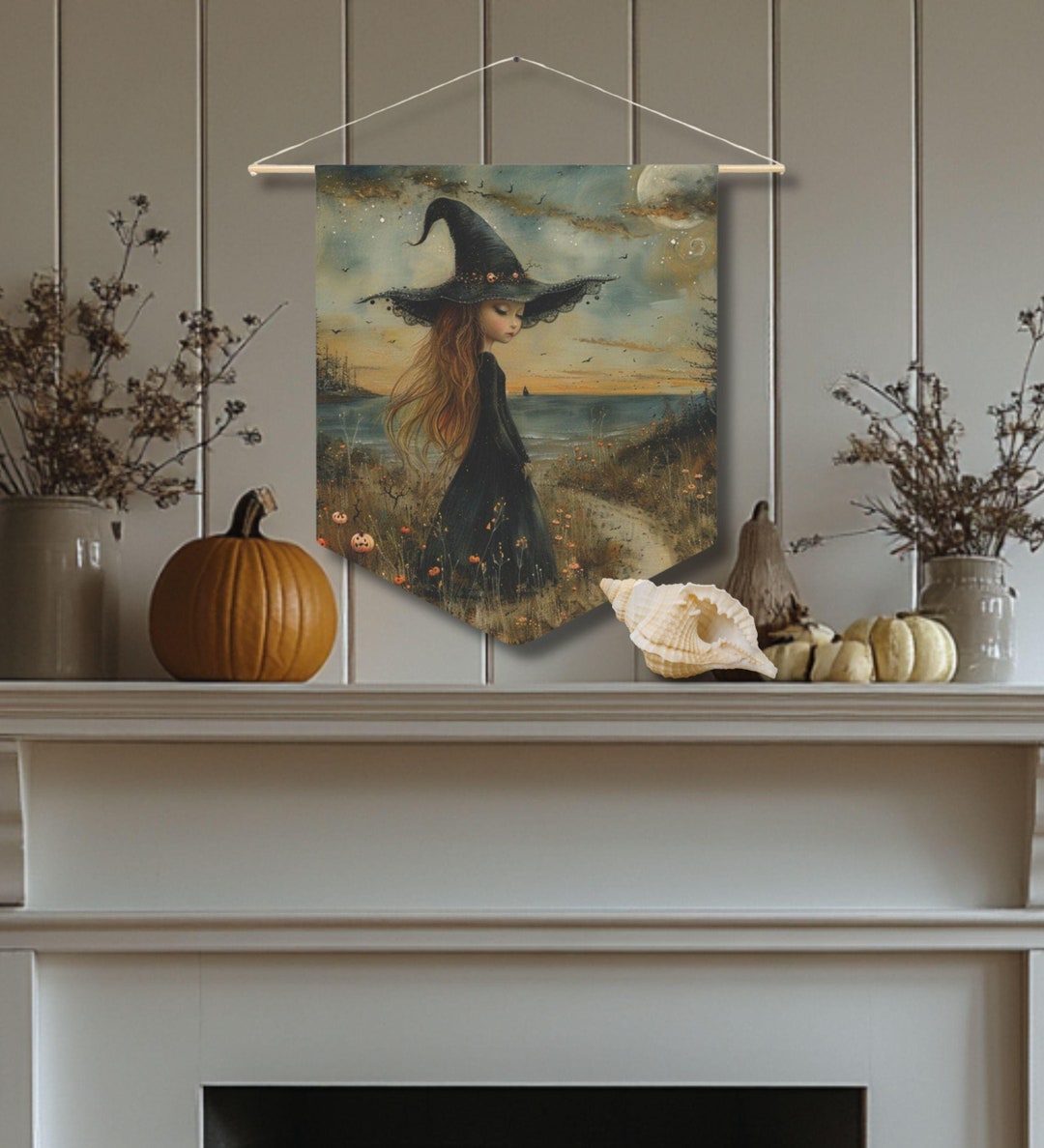 Witch on Beach WALL HANGING Vintage Style Whimsical Witch Pennant Flag ...