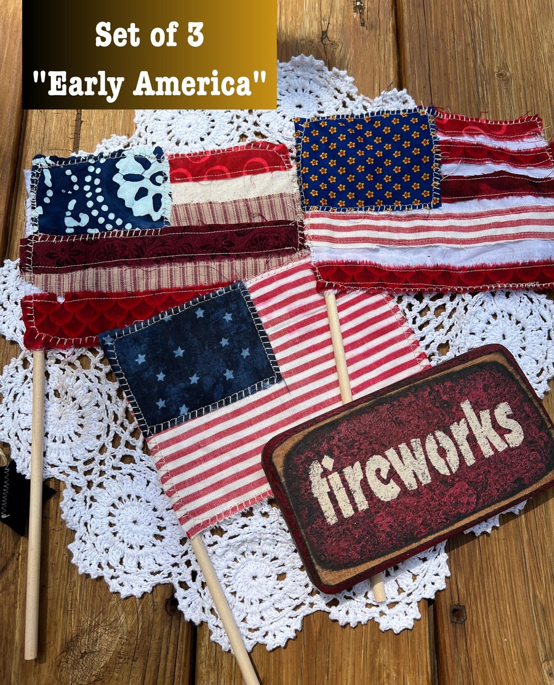 Set of 3 Primitive Americana Boho Flags Patriotic Flags July 4th Tiered ...