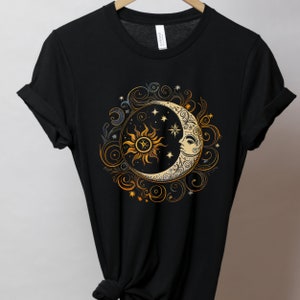 Whimsical Sun and Moon Graphic Black T-shirt, Bohemian Sun and Moon ...