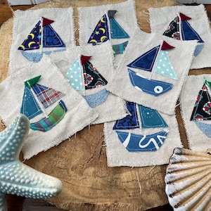 Little Sailboat Nautical Scrappy Fabric Patch Charming Upcycled Fabric ...