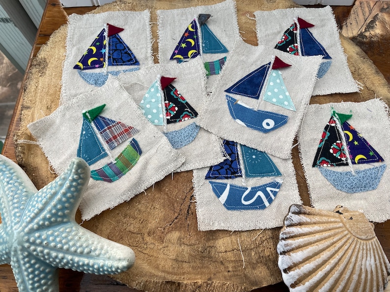 Little Sailboat Nautical Scrappy Fabric Patch Charming Upcycled Fabric ...