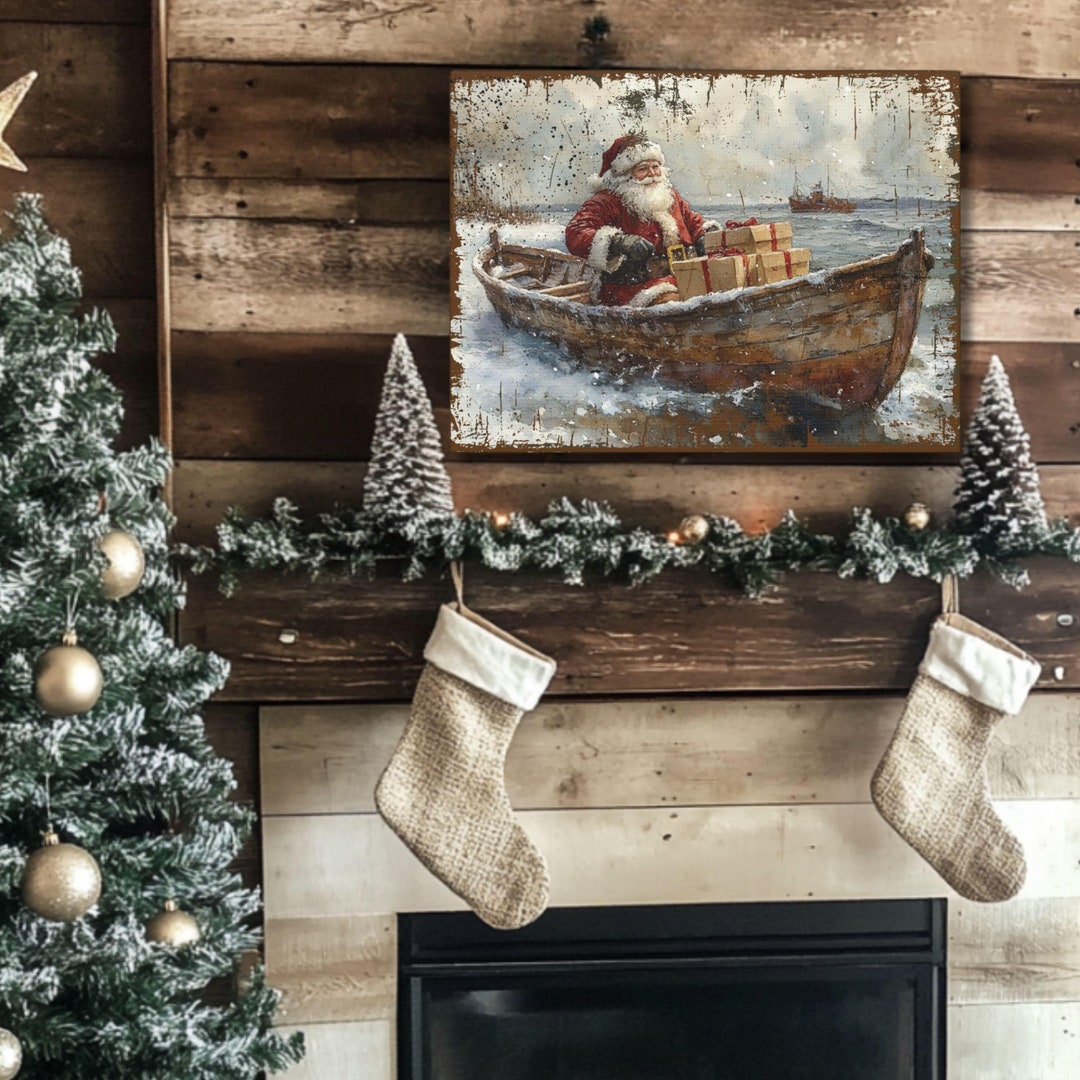 Vintage Christmas Santa in a Boat Modern Farmhouse Wall Decor Rustic ...