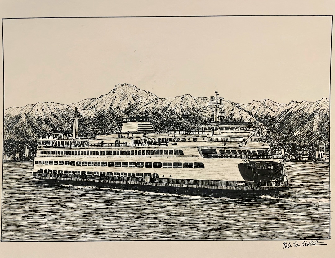 PRINT Drawing of Seattle, Bainbridge Island Ferry, Bremerton, WA ...