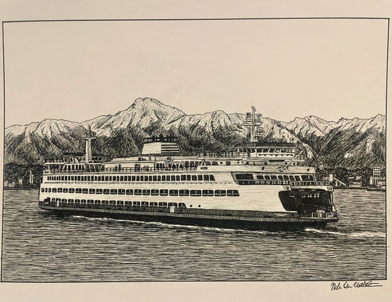 PRINT Drawing of Seattle Bainbridge Island Ferry Bremerton - Etsy