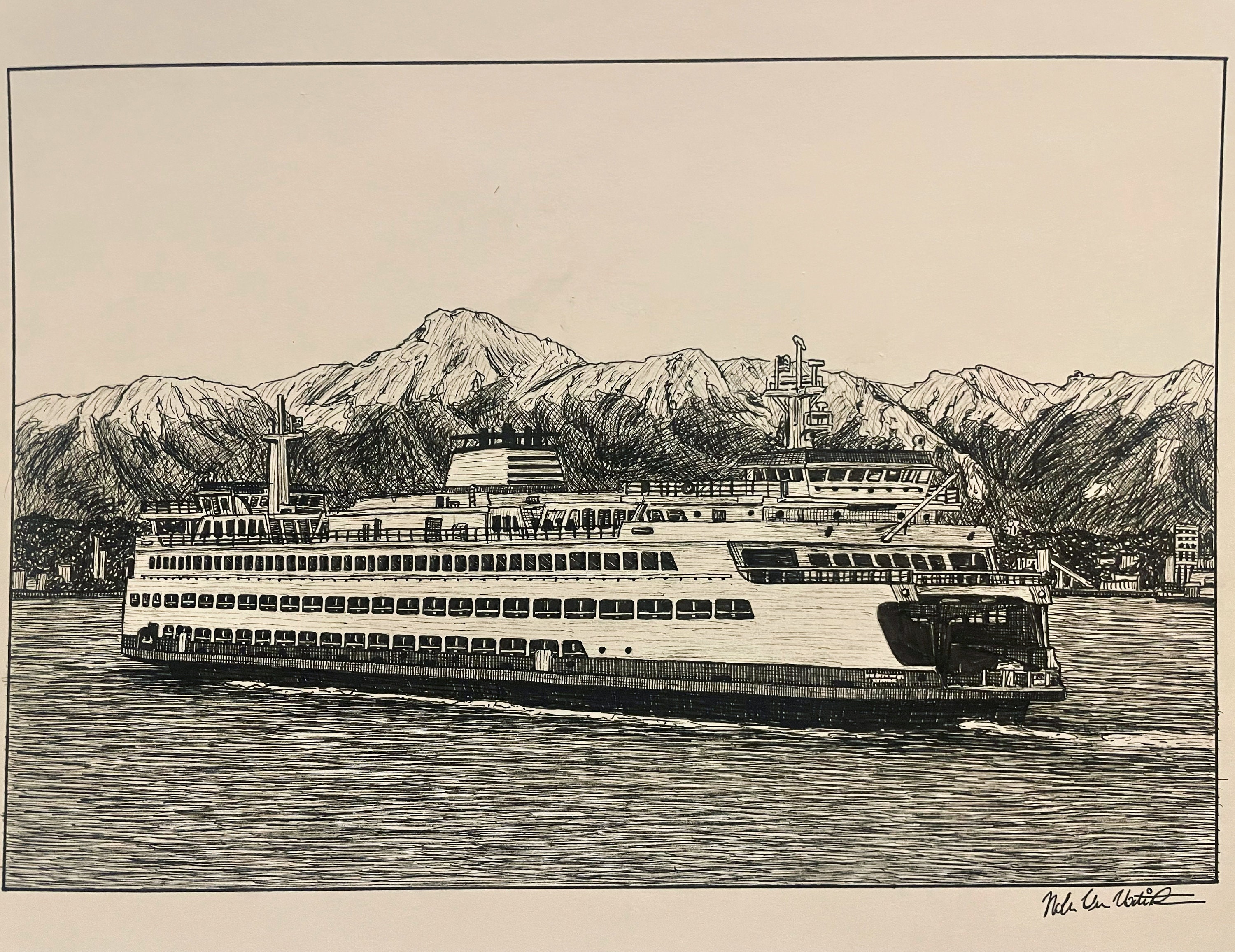 PRINT Drawing of Seattle, Bainbridge Island Ferry, Bremerton, WA ...