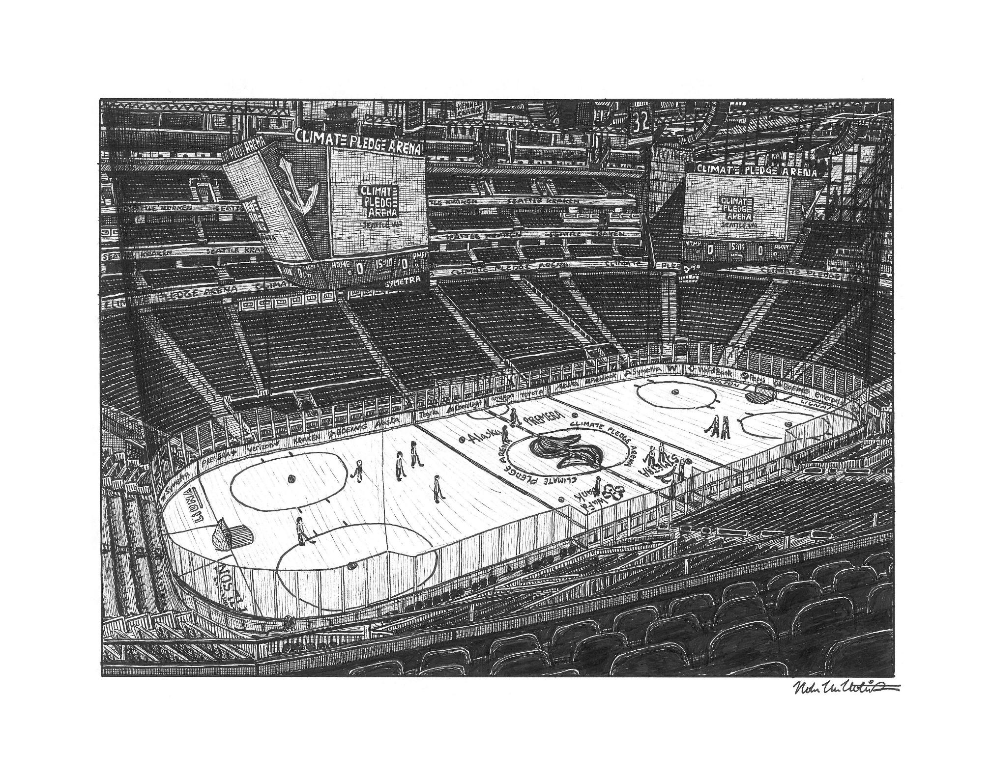 PRINT Drawing of Climate Pledge Arena Seattle Kraken Hockey Washington ...
