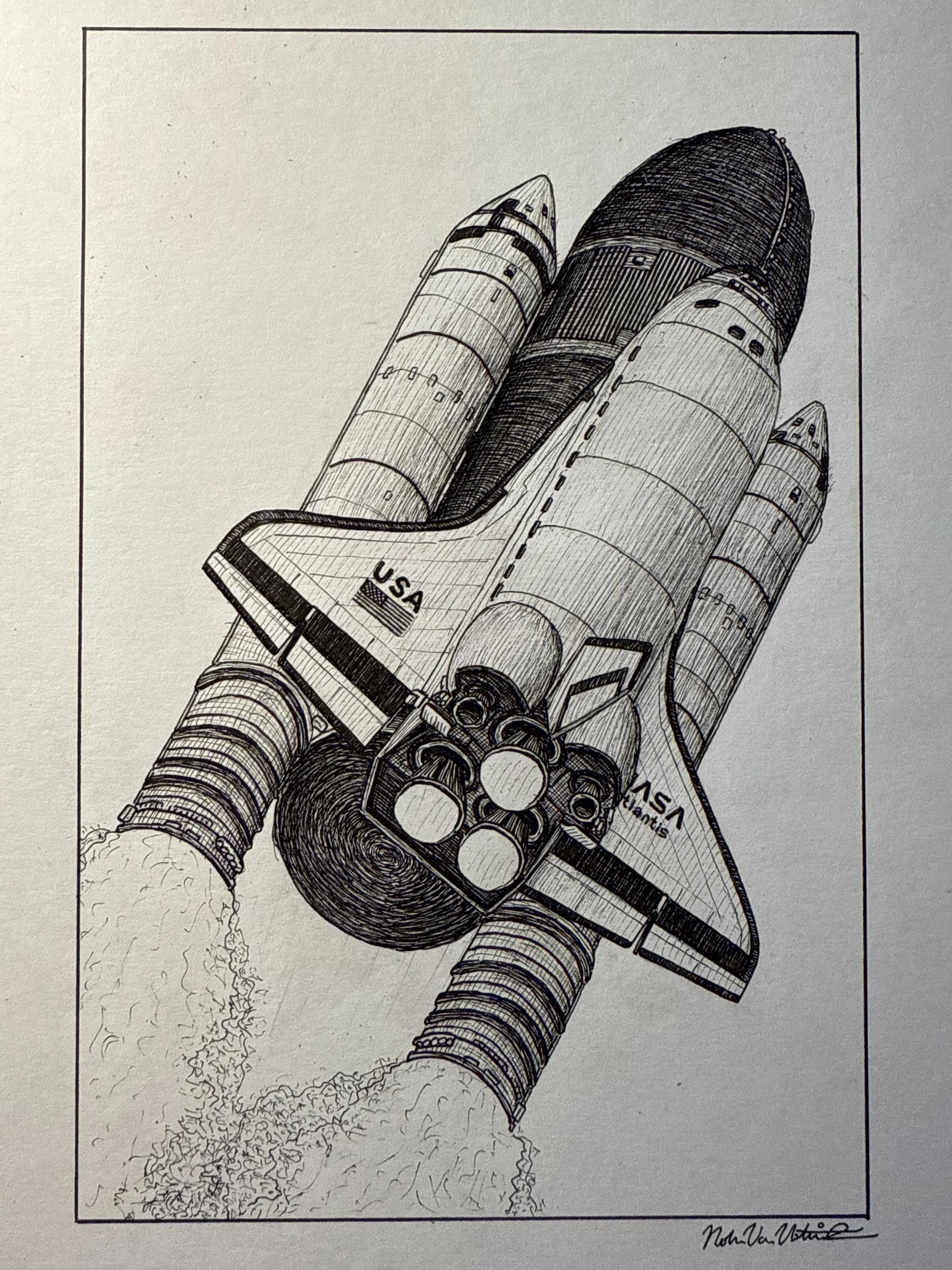 PRINT Drawing of NASA Space Shuttle Atlantis, Rocket Launch 1985 ...