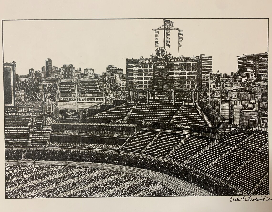 PRINT Drawing of Wrigley Field Chicago Cubs Baseball Illinois MLB ...