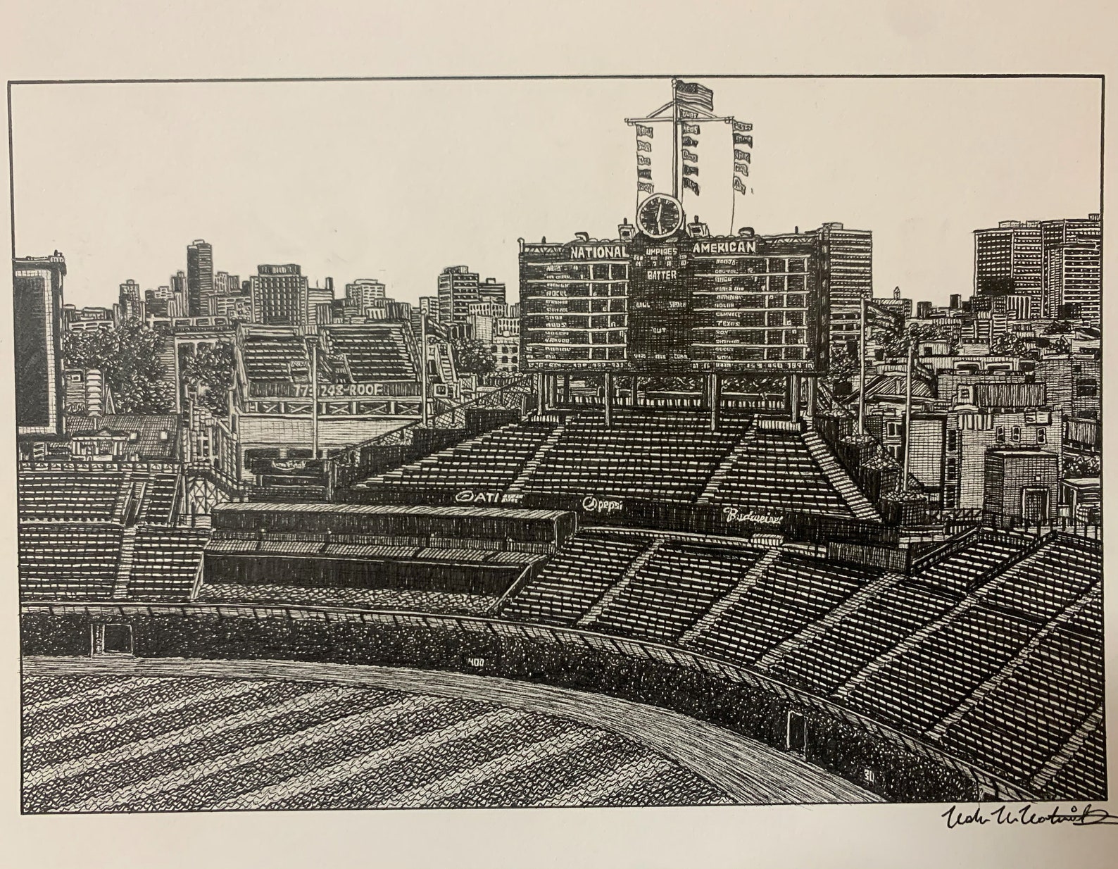 PRINT Drawing of Wrigley Field Chicago Cubs Baseball Illinois MLB ...