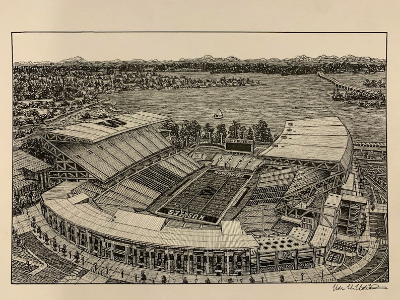 PRINT Drawing of Husky Stadium Washington Huskies UW Football Seattle ...
