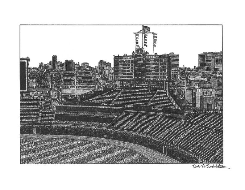 PRINT Drawing of Wrigley Field Chicago Cubs Baseball Illinois MLB ...