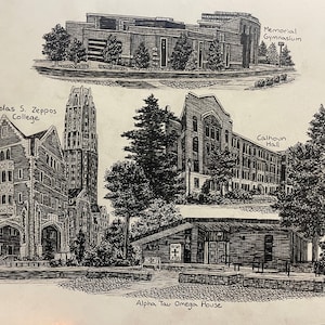 PRINT Drawing of ATO House, Memorial Gymnasium, Zeppos, Calhoun Hall ...