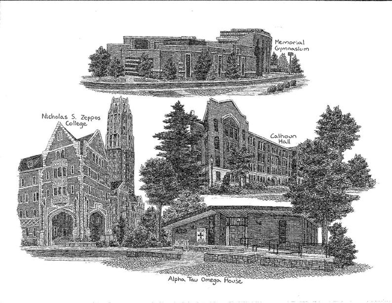 PRINT Drawing of ATO House, Memorial Gymnasium, Zeppos, Calhoun Hall ...