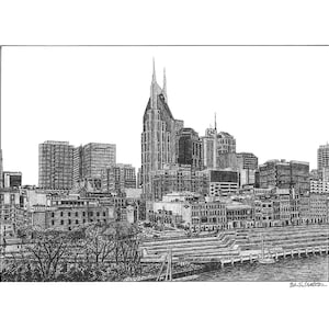 PRINT Drawing of Nashville Skyline Tennessee Cumberland River - Etsy
