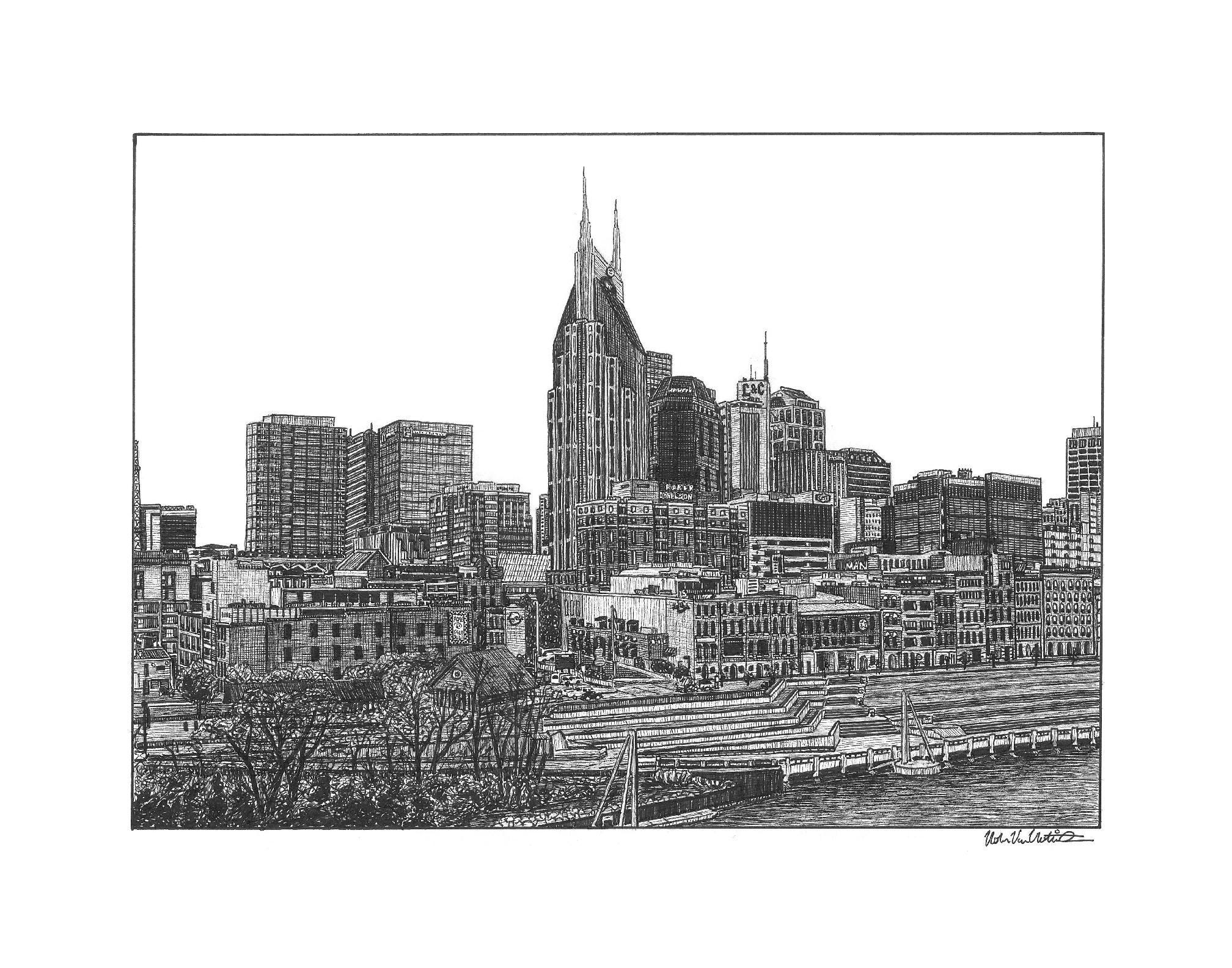 PRINT Drawing of Nashville Skyline Tennessee Cumberland River - Etsy