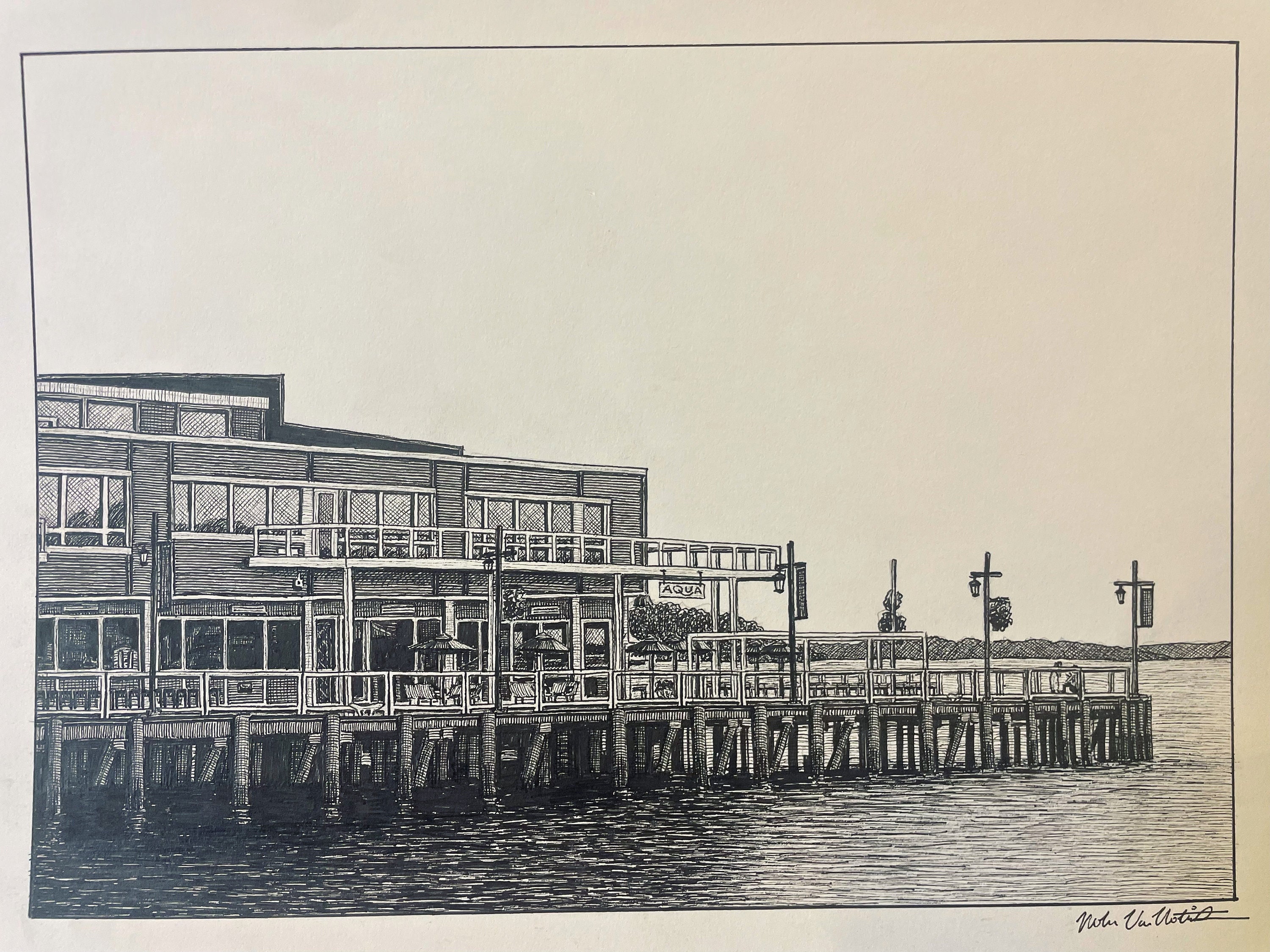 PRINT Drawing of Seattle Waterfront Pier 70 aqua by El Gaucho Puget ...