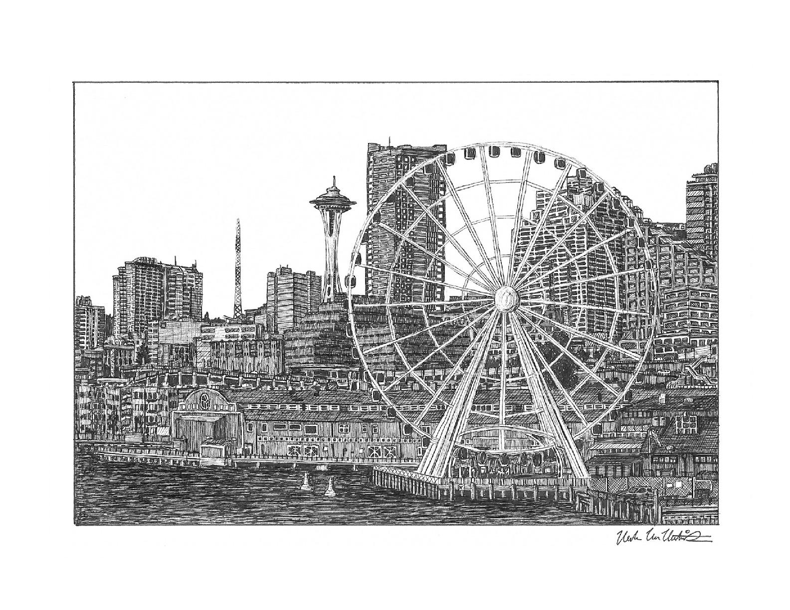 PRINT Drawing of Seattle Waterfront Great Wheel Space Needle - Etsy