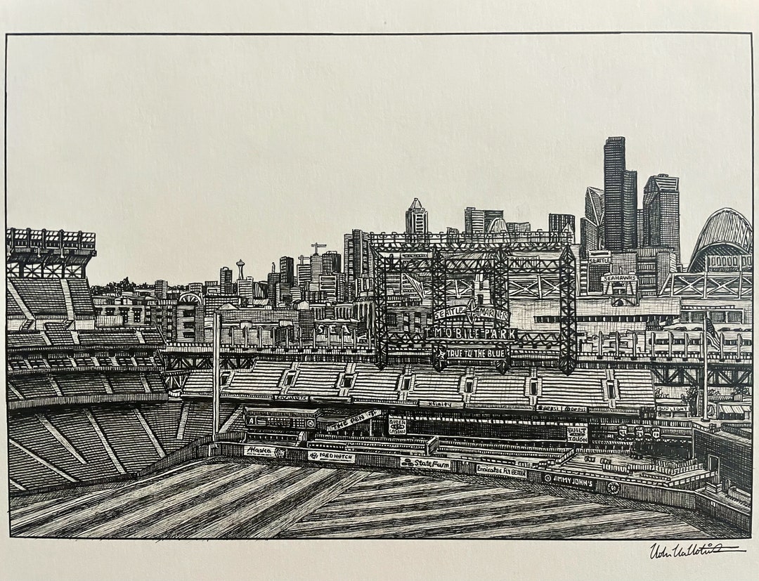 PRINT Drawing of T-mobile Park Seattle Mariners Baseball Washington MLB ...