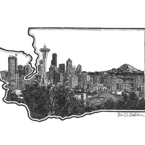 PRINT Drawing of Washington State Outline - Kerry Park, Seattle, WA - Etsy