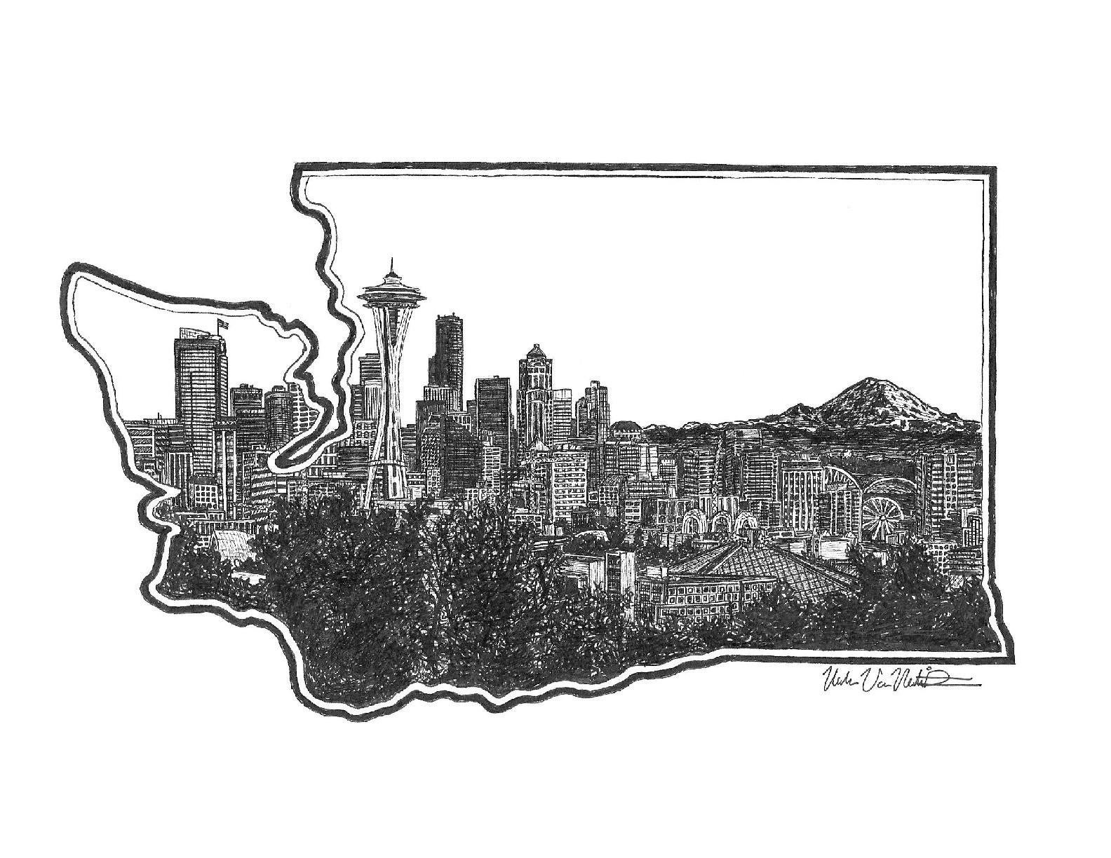 PRINT Drawing of Washington State Outline - Kerry Park, Seattle, WA - Etsy