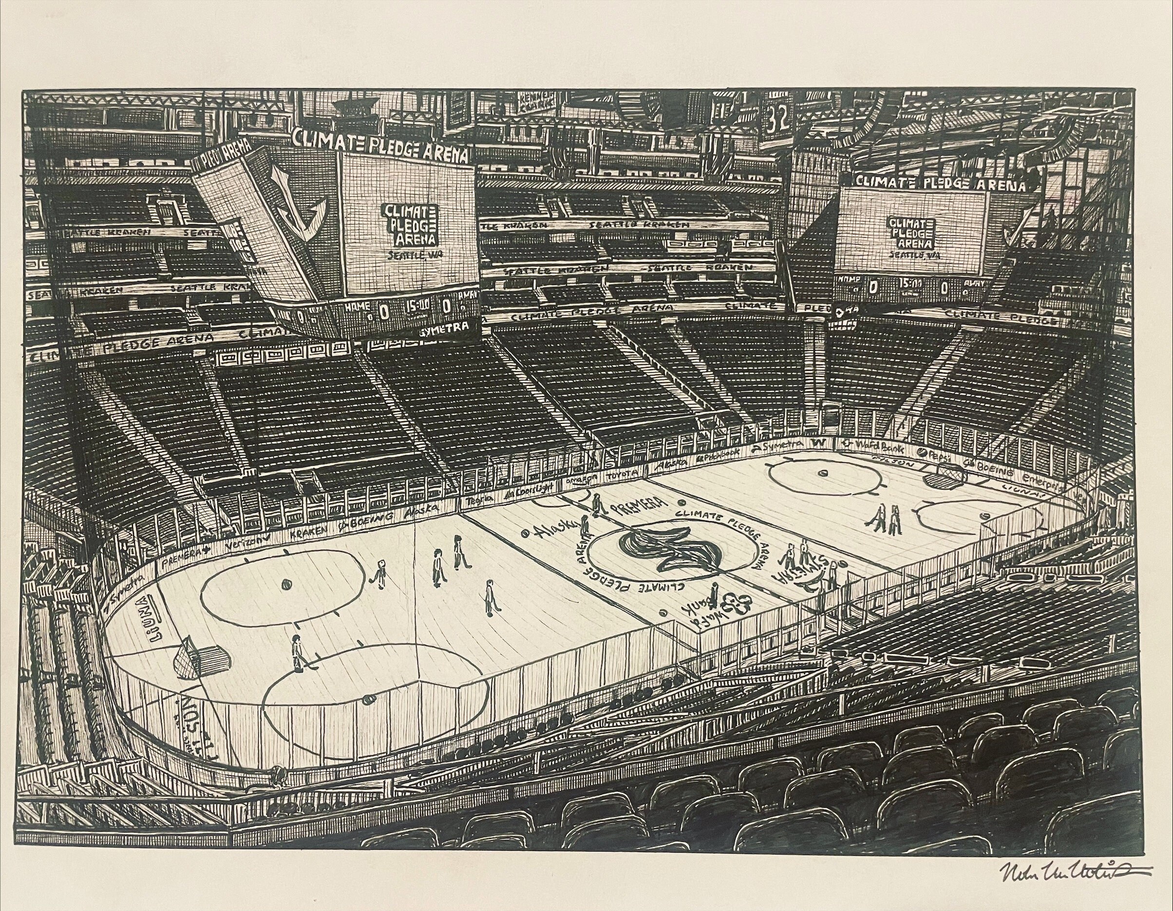 PRINT Drawing of Climate Pledge Arena Seattle Kraken Hockey Washington ...