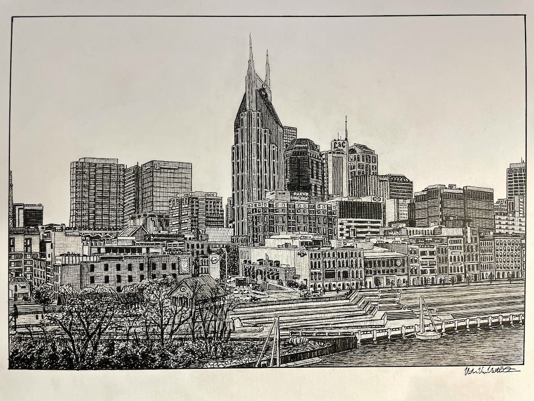 PRINT Drawing of Nashville Skyline Tennessee Cumberland River - Etsy