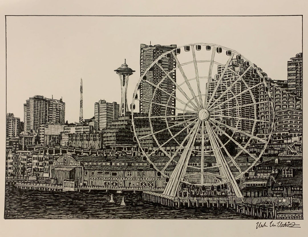 PRINT Drawing of Seattle Waterfront Great Wheel Space Needle - Etsy