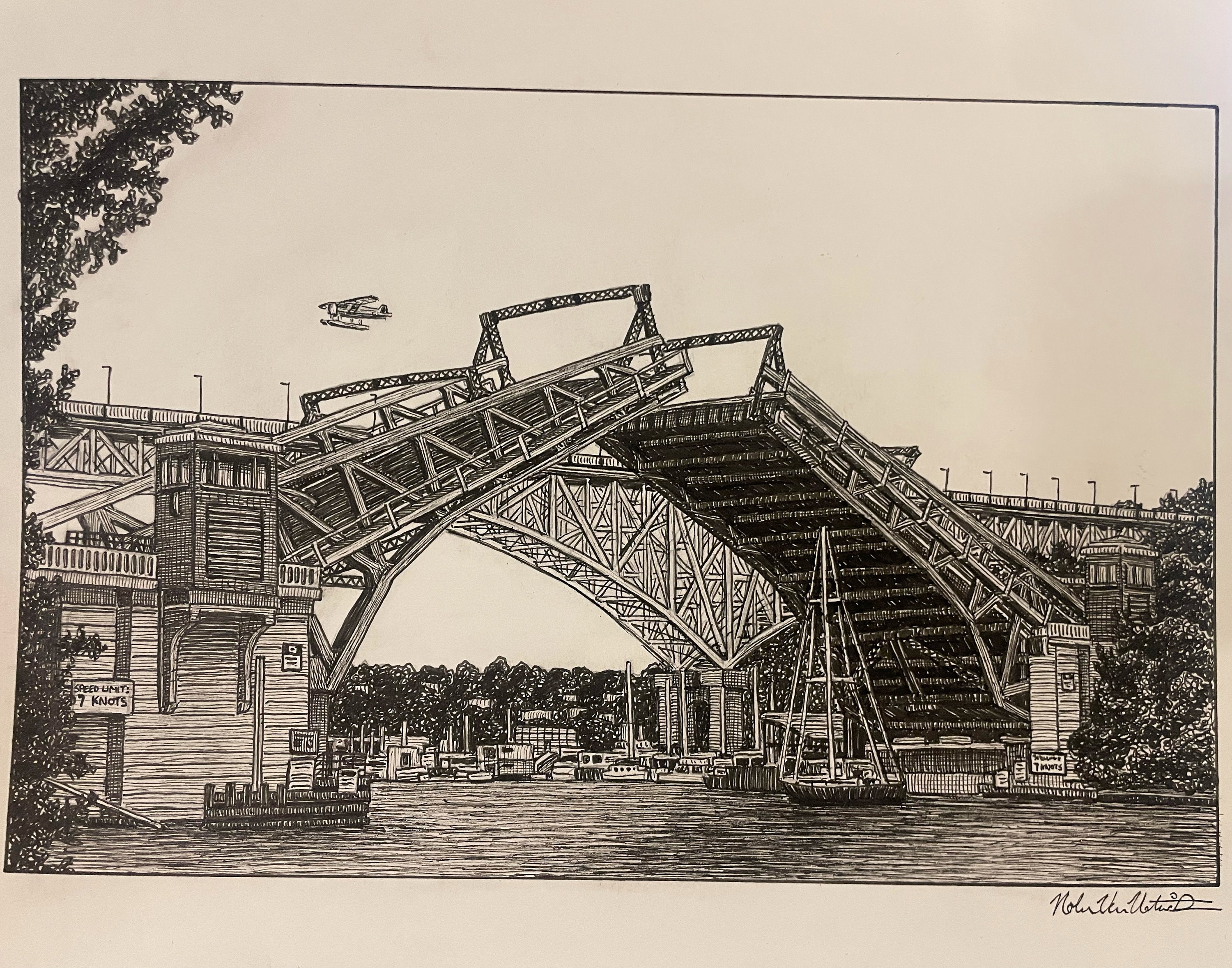 PRINT Drawing of Fremont Bridge, Aurora Bridge - the Locks, Seattle, WA ...
