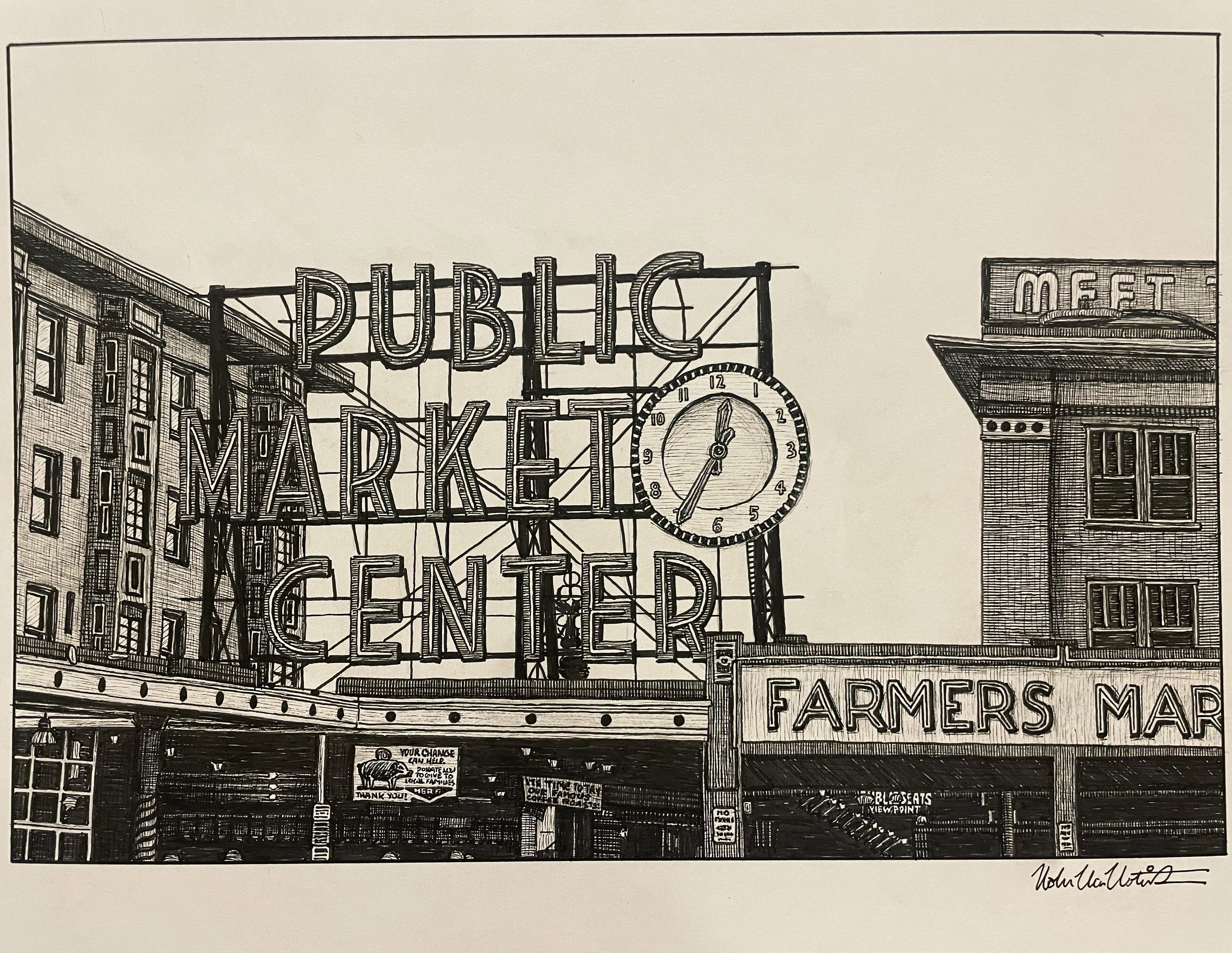 PRINT Drawing of Seattle Pikes Place Public Market - Etsy