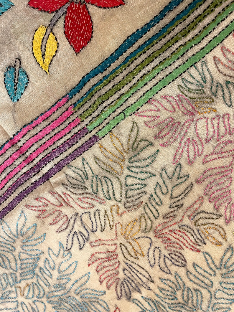 Multi-colored Flower Motifs Made With Kantha Stitches on Tassar Silk ...