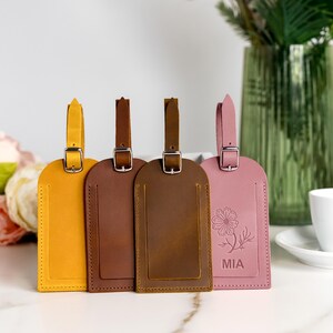 Custom Leather Luggage Tags Personalized With Birth Flower • Wedding Luggage Tag Favors • Travel ...