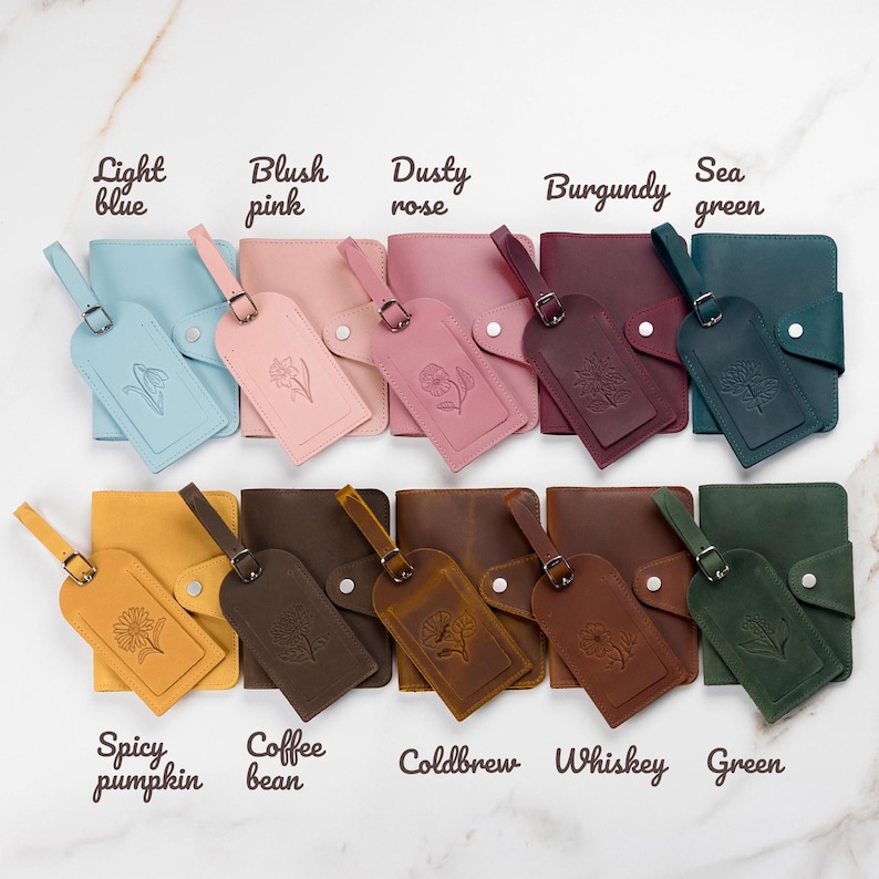 Personalized Leather Passport Holder & Luggage Tag Set | Birth Flower ...