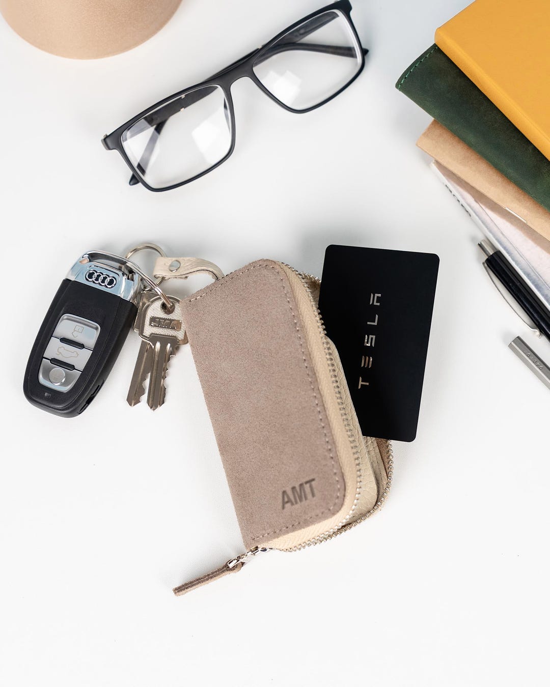 Leather Zipper Key Case With Pull-out Ring – Suede Tesla Key Card Slot ...