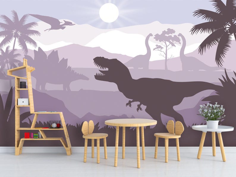 Dinosaur Wallpaper for Girl Nursery, Purple Peel and Stick Wallpaper ...