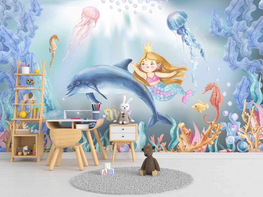 Mermaid Peel and Stick Wallpaper Ocean Nursery Girl. Underwater Life ...