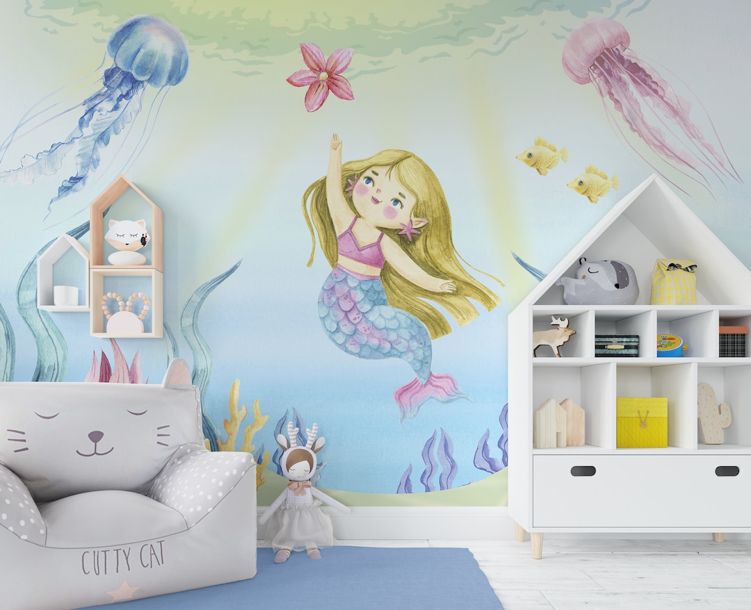 Mermaid Wallpaper for Girl Nursery. Underwater Life Wall Paper Kids ...